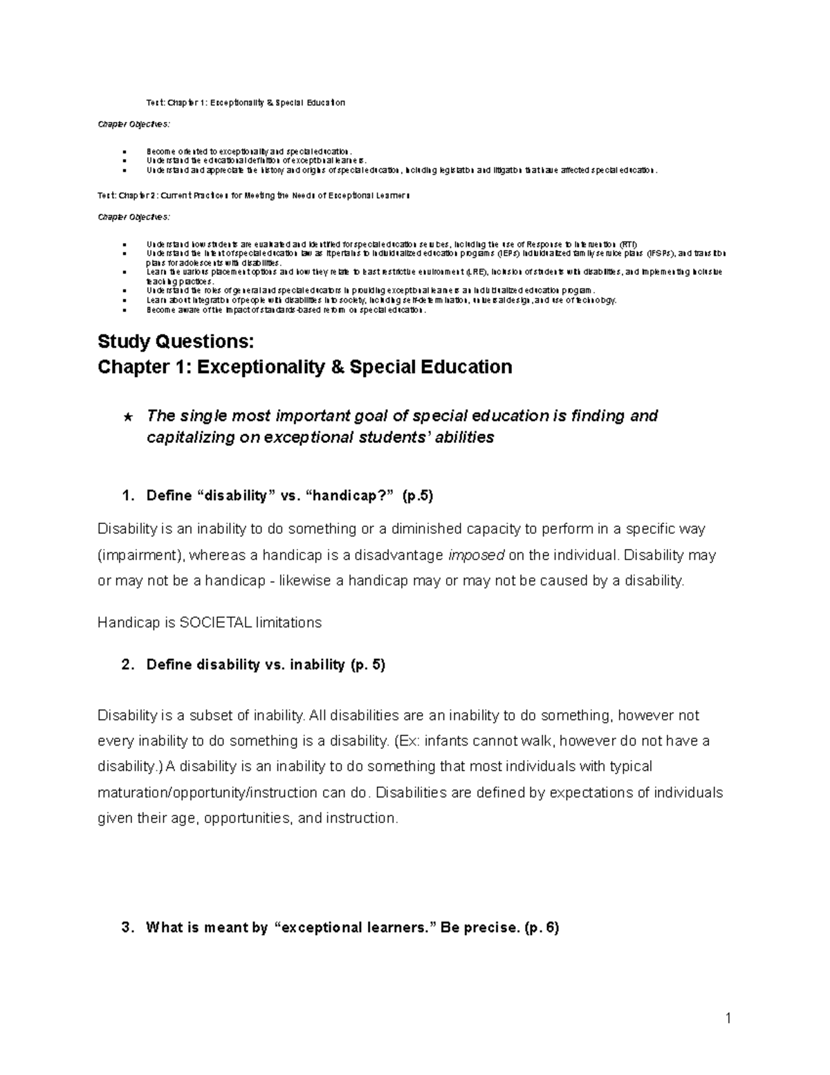 Exceptional Children Chapter Study Questions - Text: Chapter 1: Exceptionality & Special - Studocu
