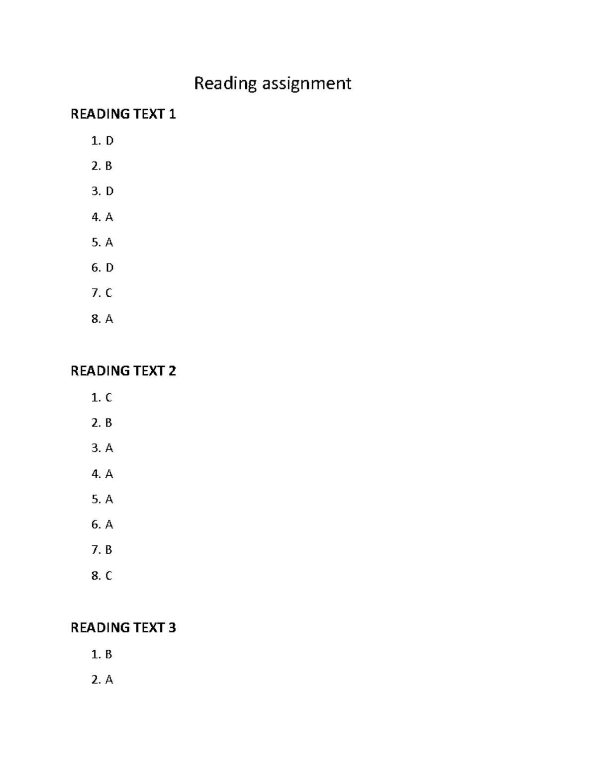 Reading Assignment Lecture Notes 13 Reading Assignment Reading Text 1 1 D 2 B 3 D 4 A 5