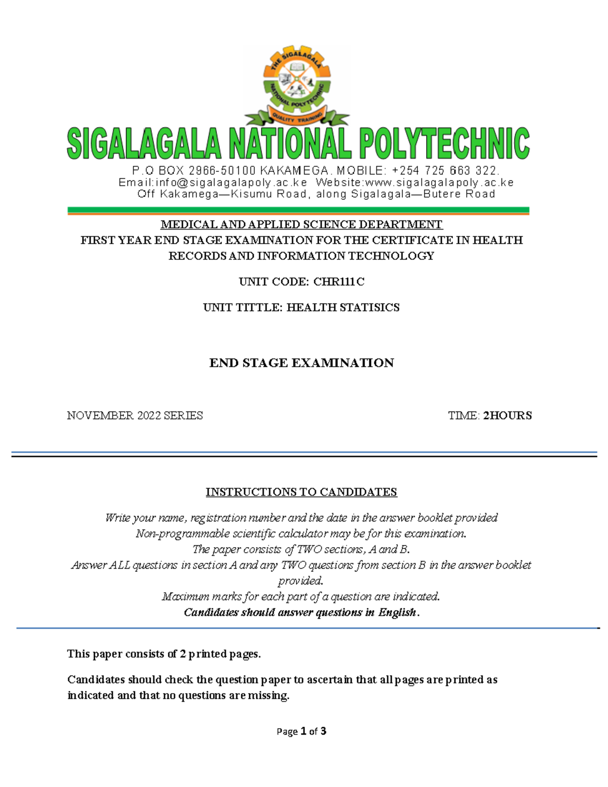 Certificate IN Health Statistics - MEDICAL AND APPLIED SCIENCE ...