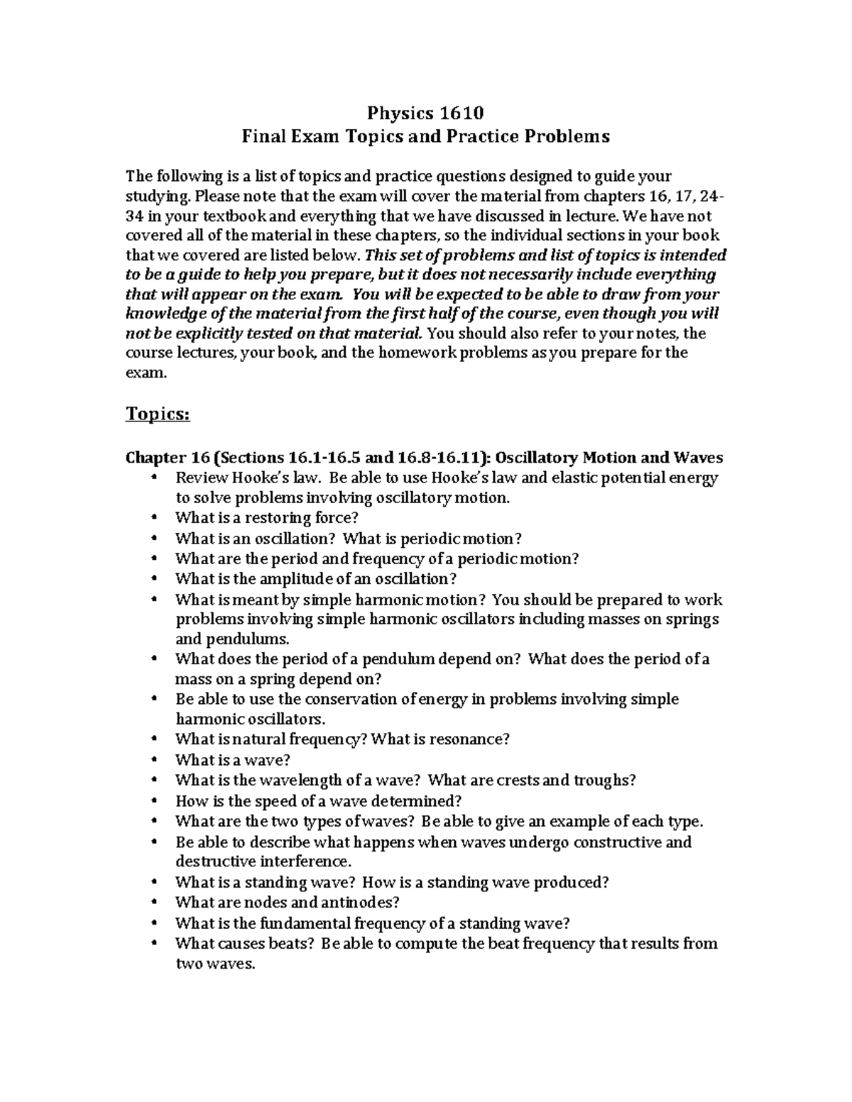 Phys1610 Final Study Guide - Physics 1610 Final Exam Topics and ...