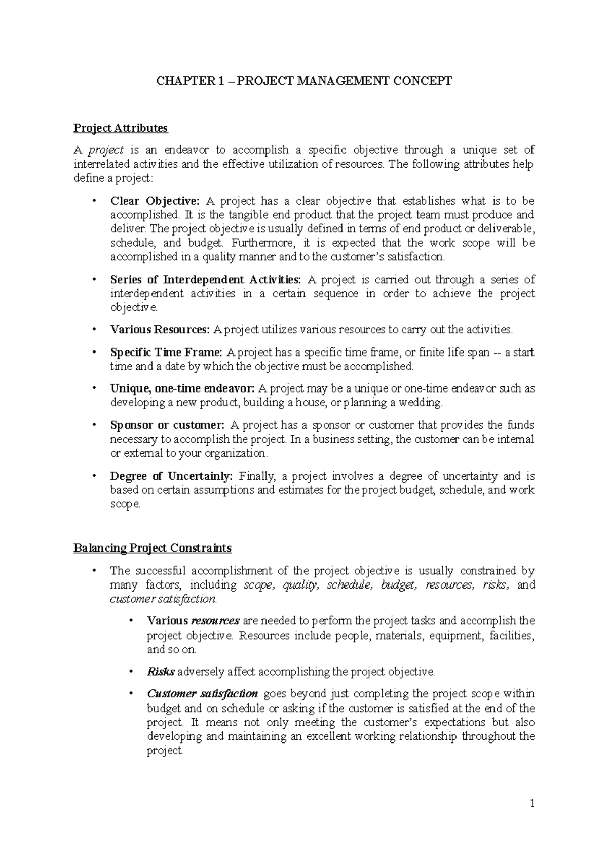 PROJECT MANAGEMENT Chapter 1 - CHAPTER 1 – PROJECT MANAGEMENT CONCEPT ...