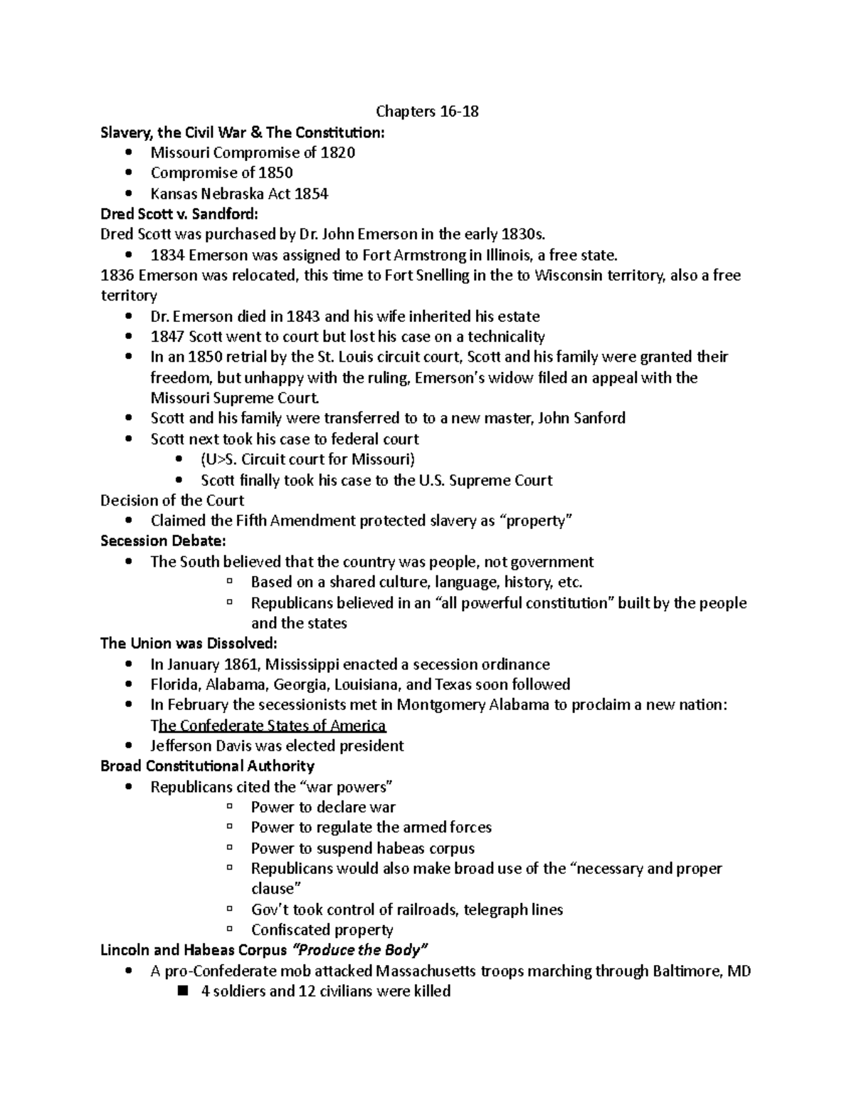 Chapters 16-18 Notes - Chapters 16- Slavery, the Civil War & The ...