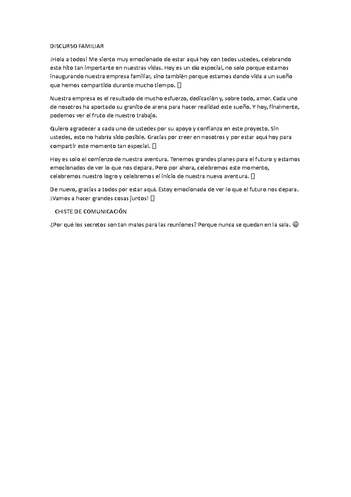 Documento - Ggyyy - DISCURSO FAMILIAR ¡Hola a todos! Me siento muy ...