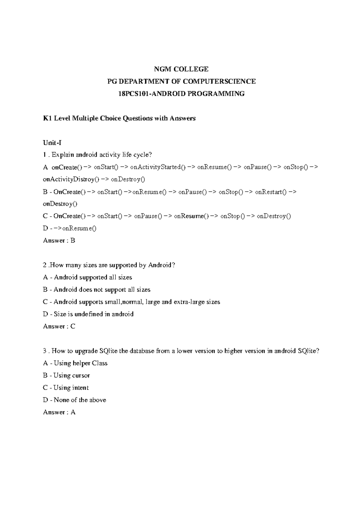 Msc Cs Odd Sem 18pcs101 Android Programming Dd Ngm College Pg Department Of Computerscience 8849