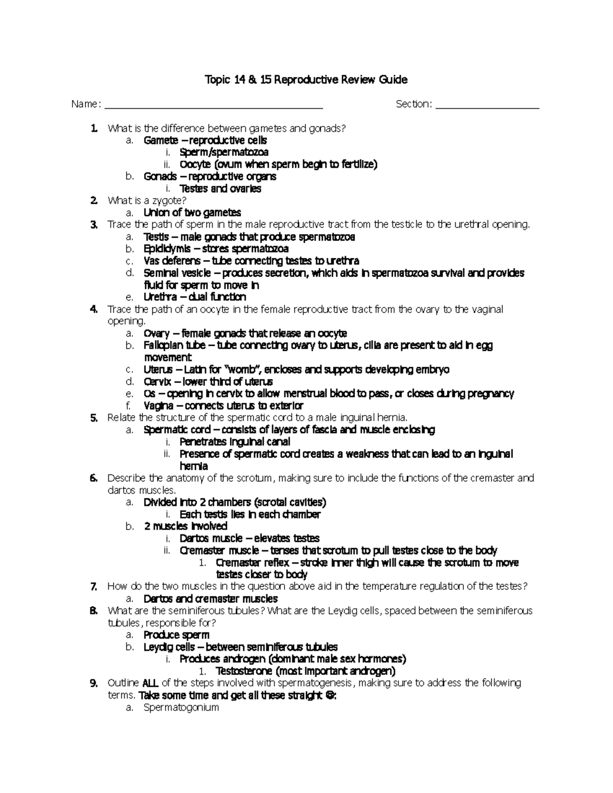 Reproductive System Review Guide - Topic 14 & 15 Reproductive Review ...
