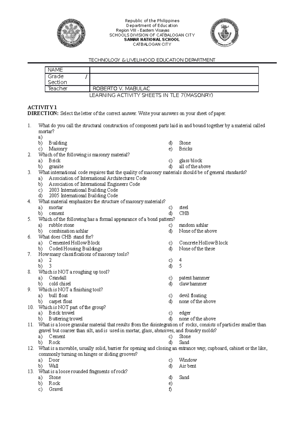 Activity Sheets in TLE 7 Masonry - Republic of the Philippines ...