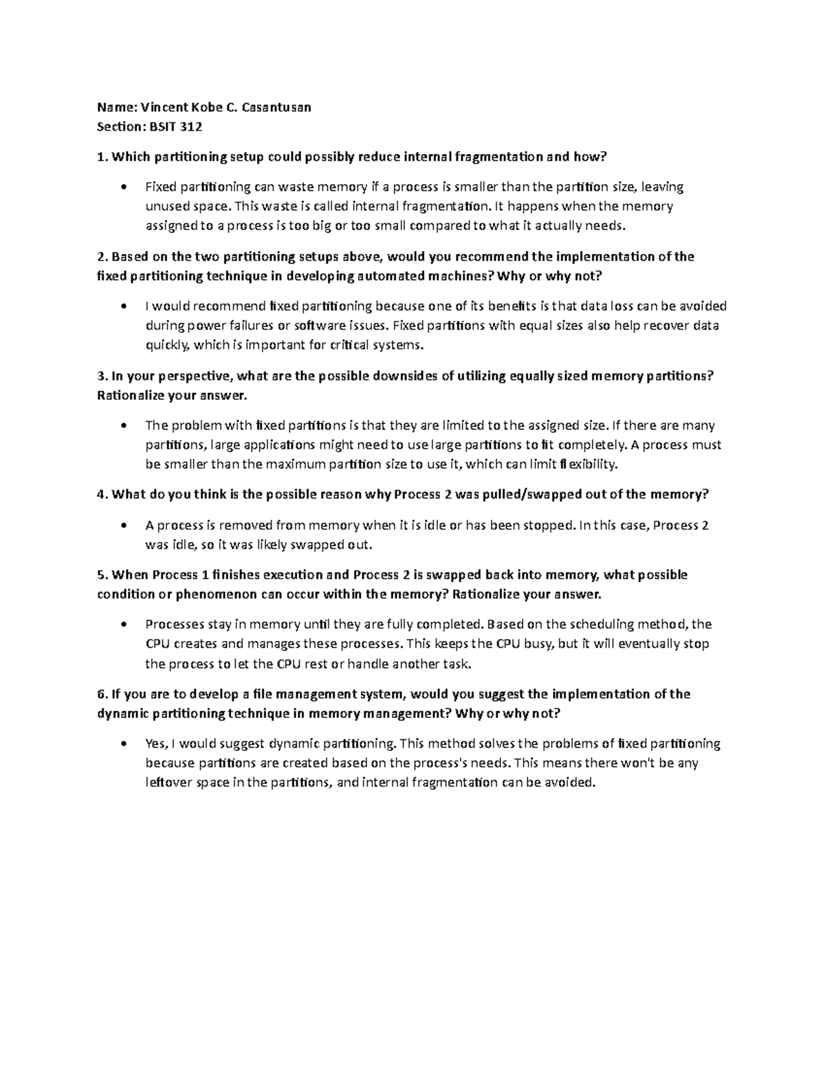 05 Activity 1 OS - Name: Vincent Kobe C. Casantusan Section: BSIT 312 1. Which partitioning ...