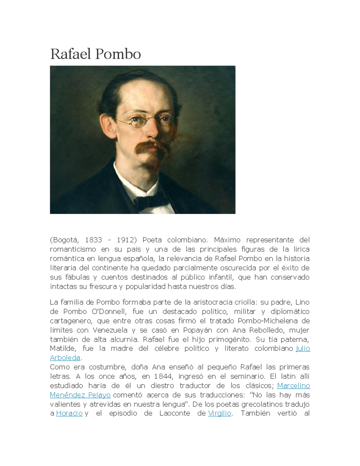 Rafael Pombo - bhghf - Rafael Pombo (Bogotá, 1833 - 1912) Poeta colombiano. Máximo representante ...