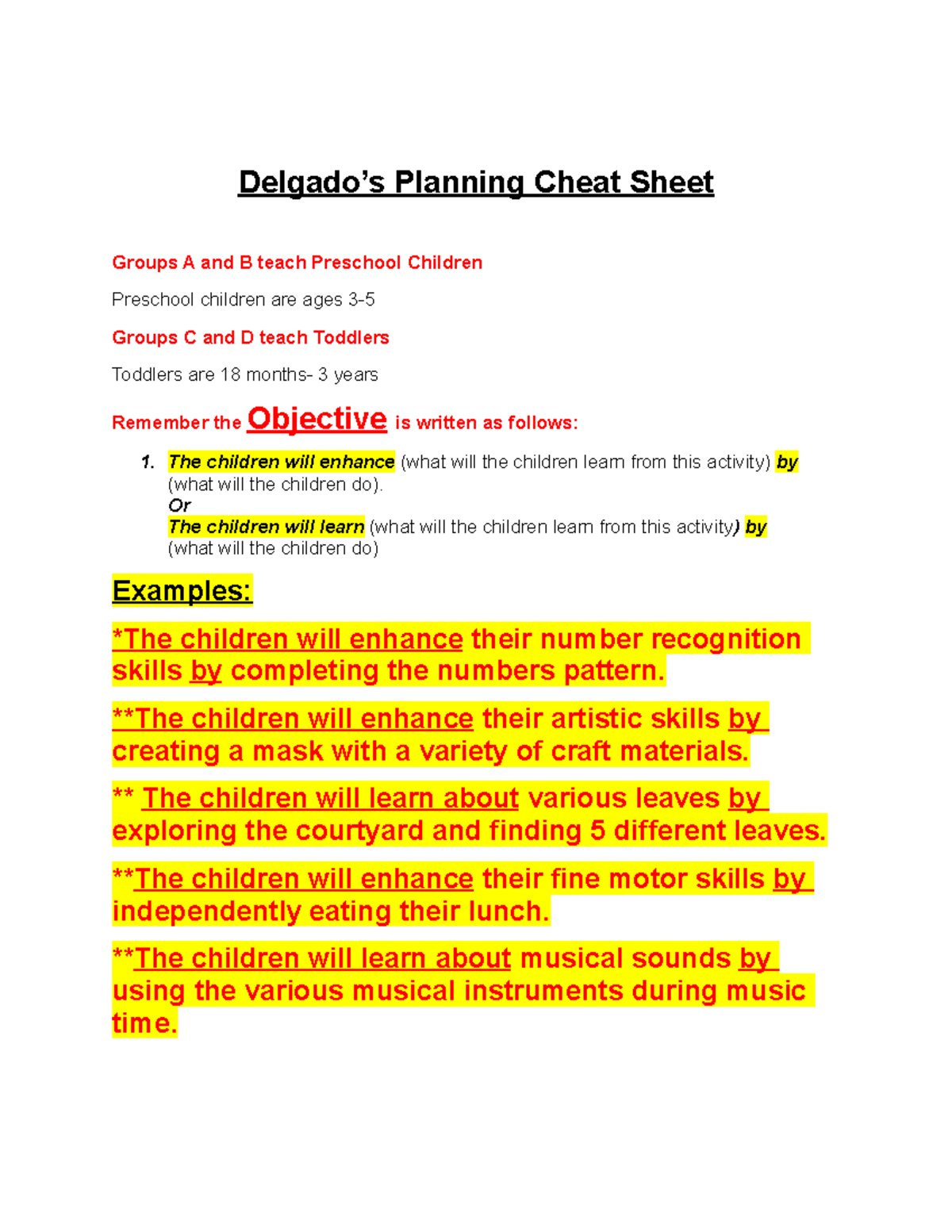 Delgado planning cheat sheet - Delgado’s Planning Cheat Sheet Groups A ...