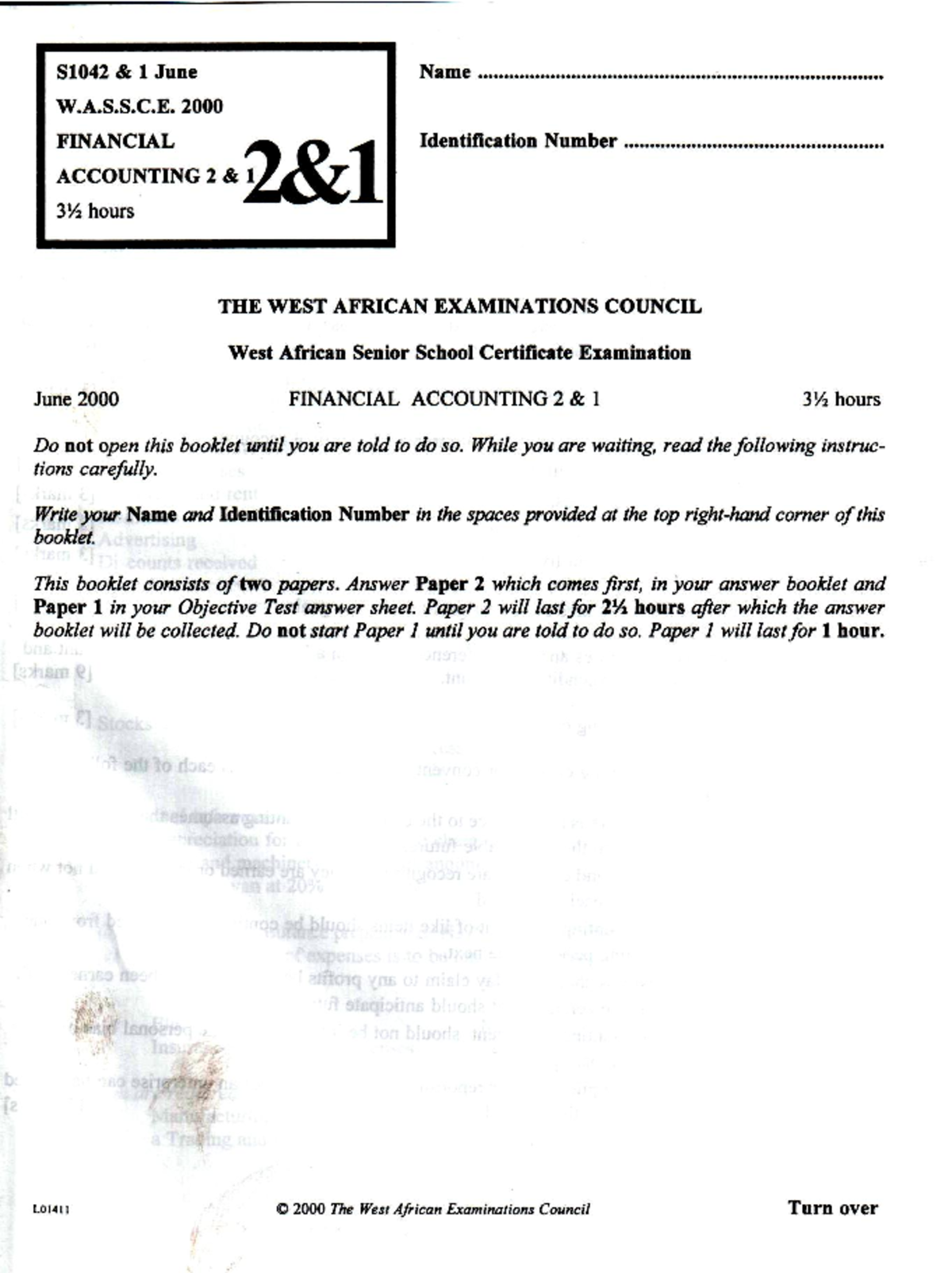 2000 Nov Dec Wassce WAEC Financial Accounting Paper 1 2objectives ...