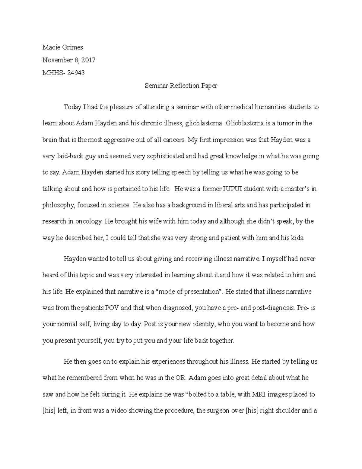 Seminar Reflection Paper-MHHS - Macie Grimes November 8, 2017 MHHS ...