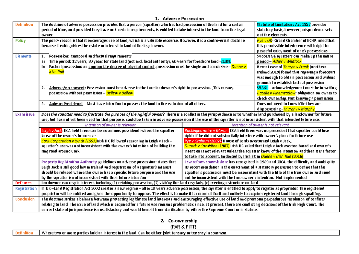 LAND LAW Notes - Refined Notes - 1. Adverse Possession Definition The ...