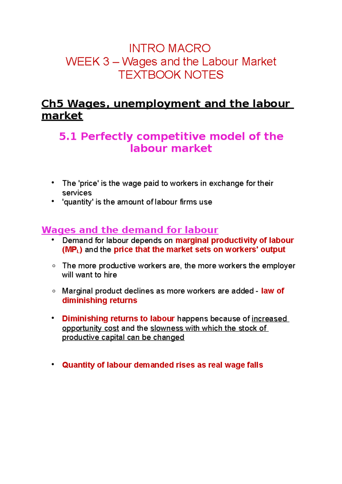 Intro Macro - Week 3 Wages and the Labour Market Notes - INTRO MACRO ...
