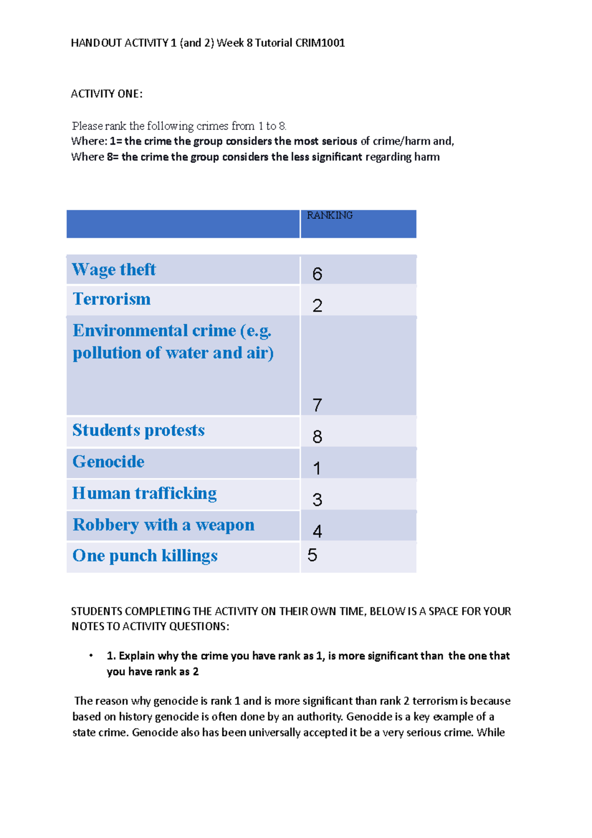 Handout- Week 8 tutorial Activity 1 - HANDOUT ACTIVITY 1 (and 2) Week 8 Tutorial CRIM ACTIVITY ...