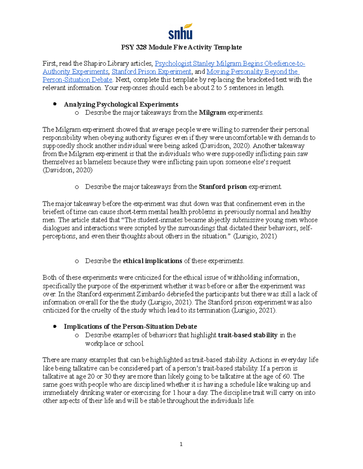 PSY 328 Module Five Activity - Next, complete this template by replacing the bracketed text with ...