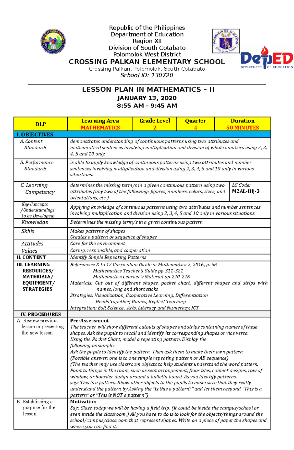 DLP Math 2 - Patterns - Republic of the Philippines Department of ...