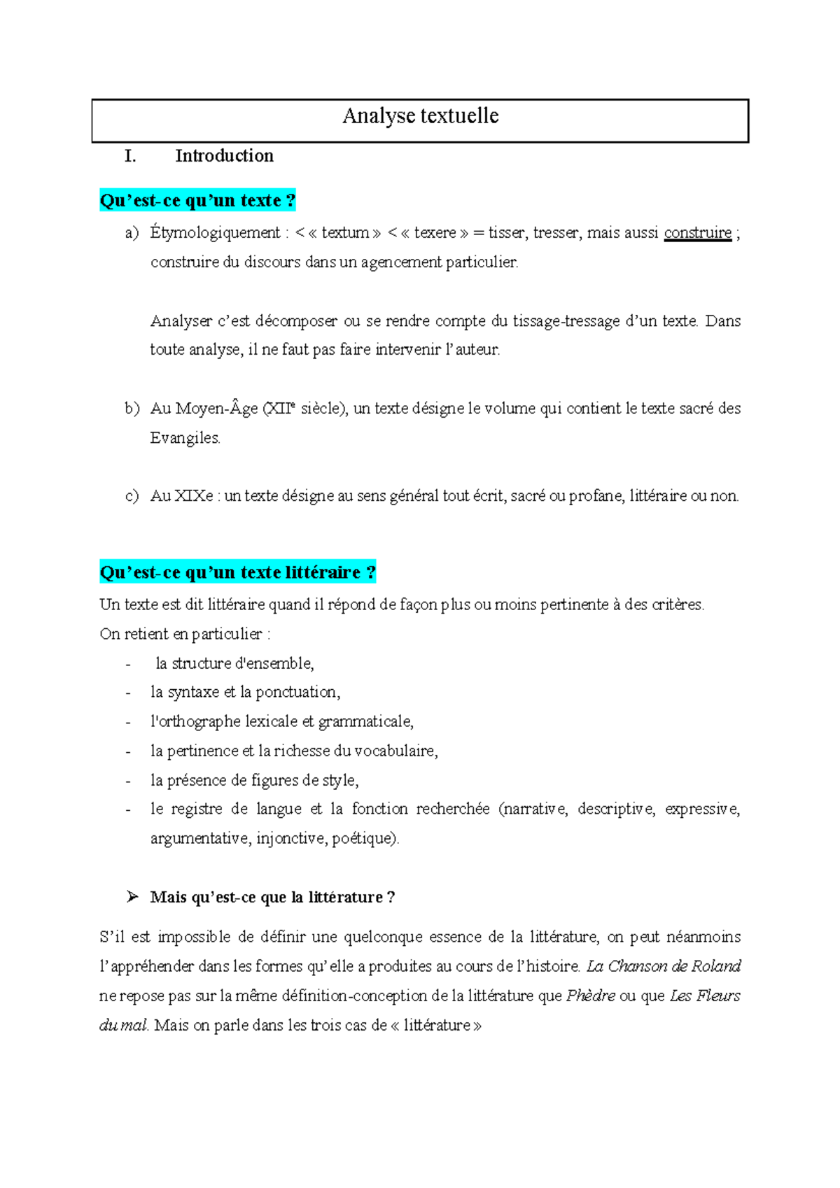 Analyse-textuelle- Notes - Analyse textuelle I. Introduction Qu9est-ce ...