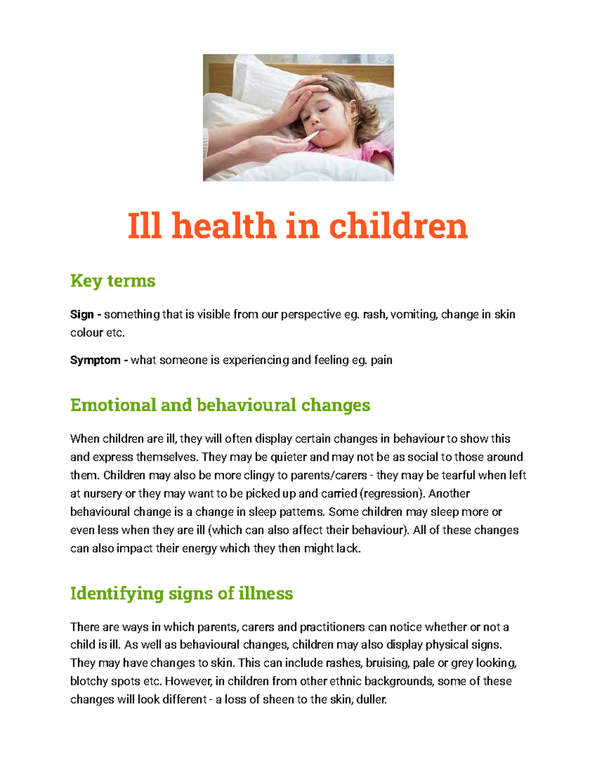 Ill health in children - A guide of the different illnesses that occur ...
