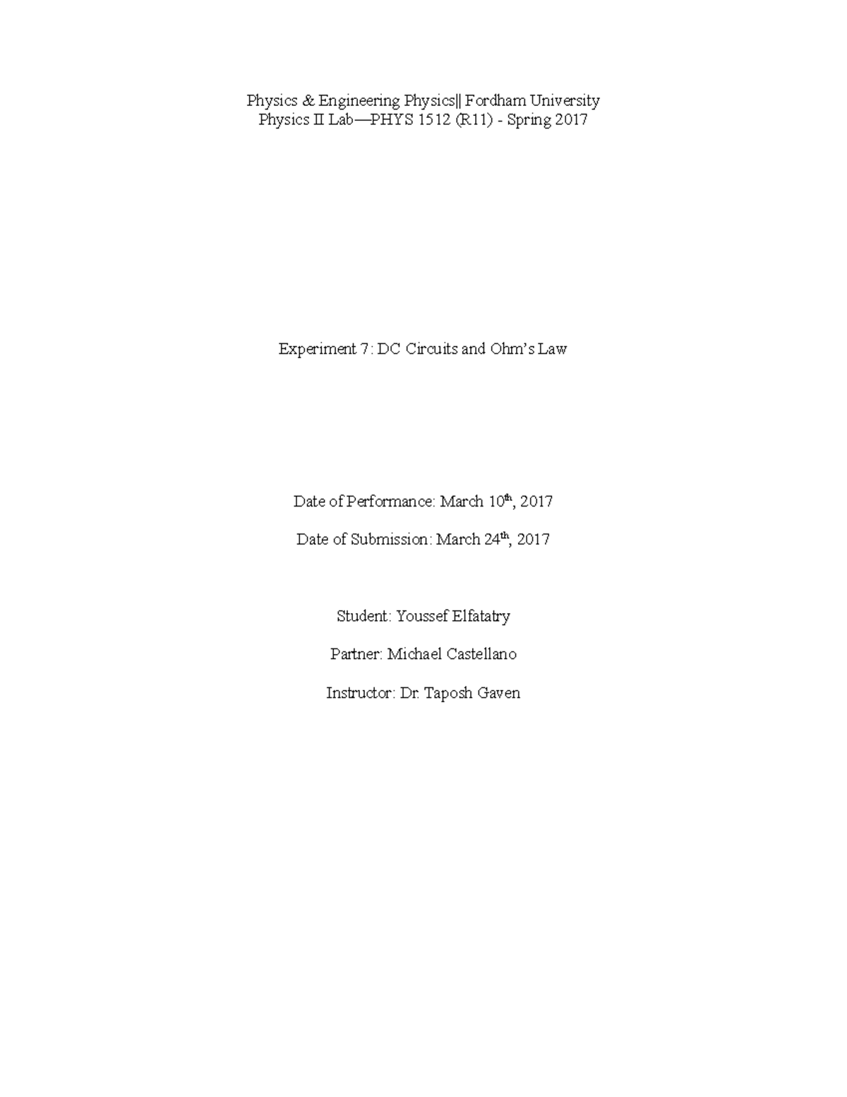 Lab 7 2 Lab Report 7 Physics Engineering Fordham University Physics Ii 1512 R11 Spring 0072