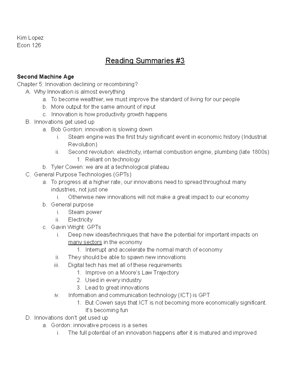 Kim Lopez Reading Assignment #3 - Kim Lopez Econ 126 Reading Summaries Second Machine Age ...