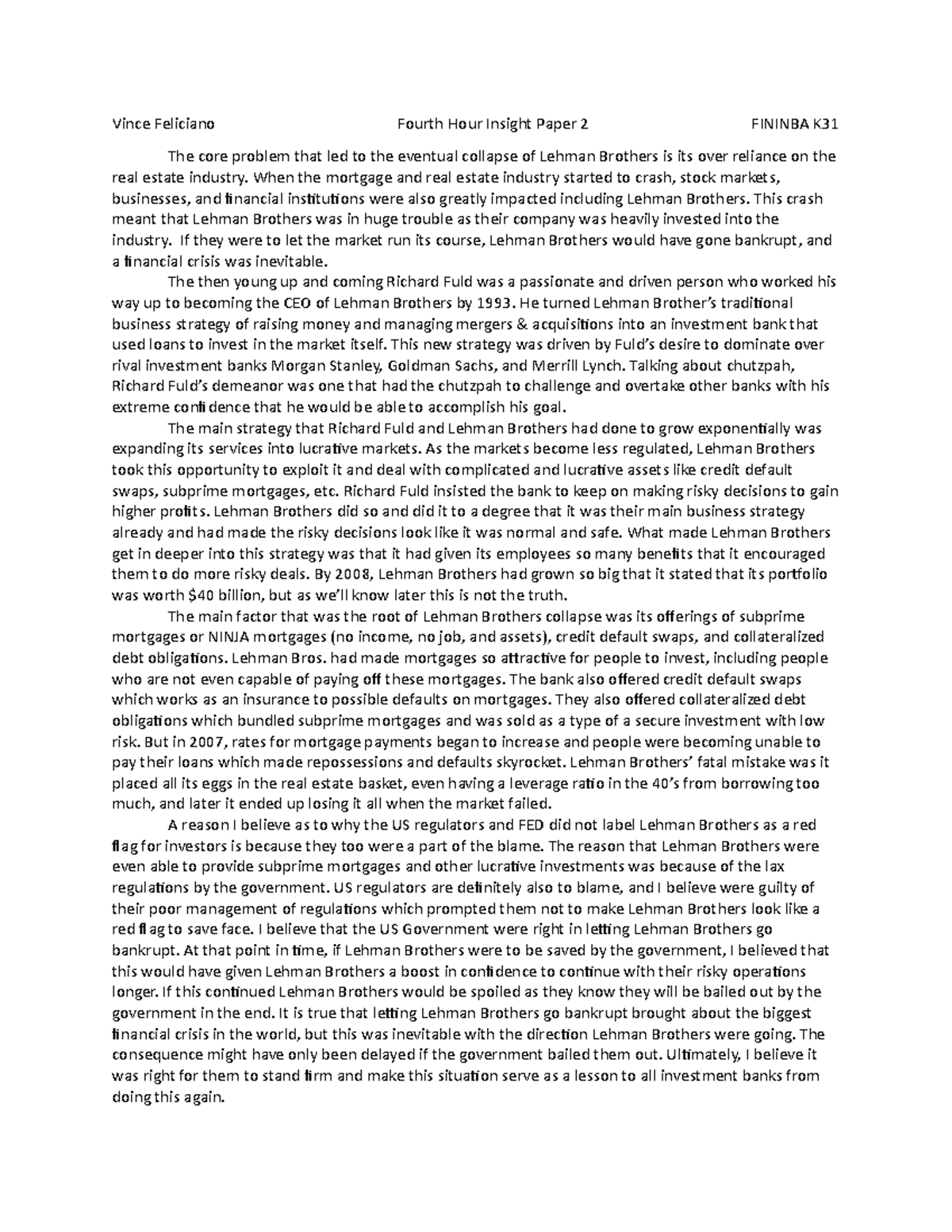 Fininba K31 4TH Hour Insight Paper 2 Feliciano - Vince Feliciano Fourth ...