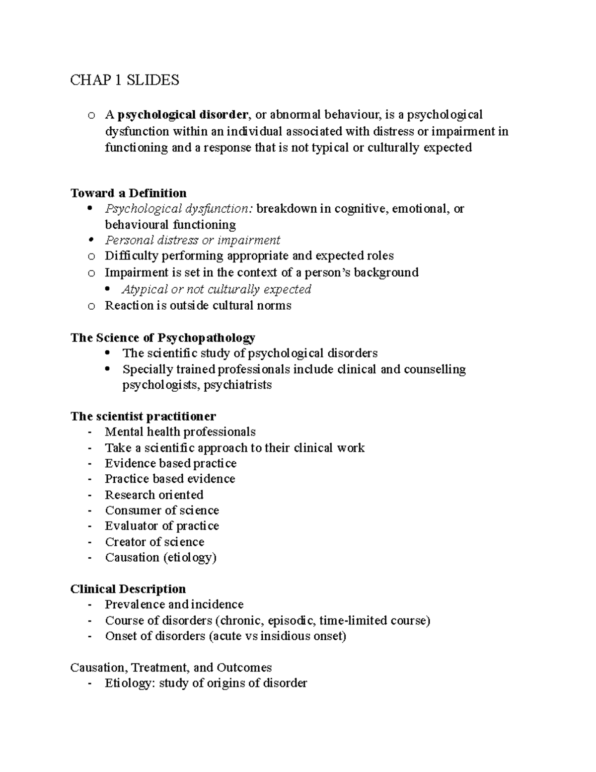CHAP 1 Slides - Lecture 1 notes - CHAP 1 SLIDES o A psychological ...