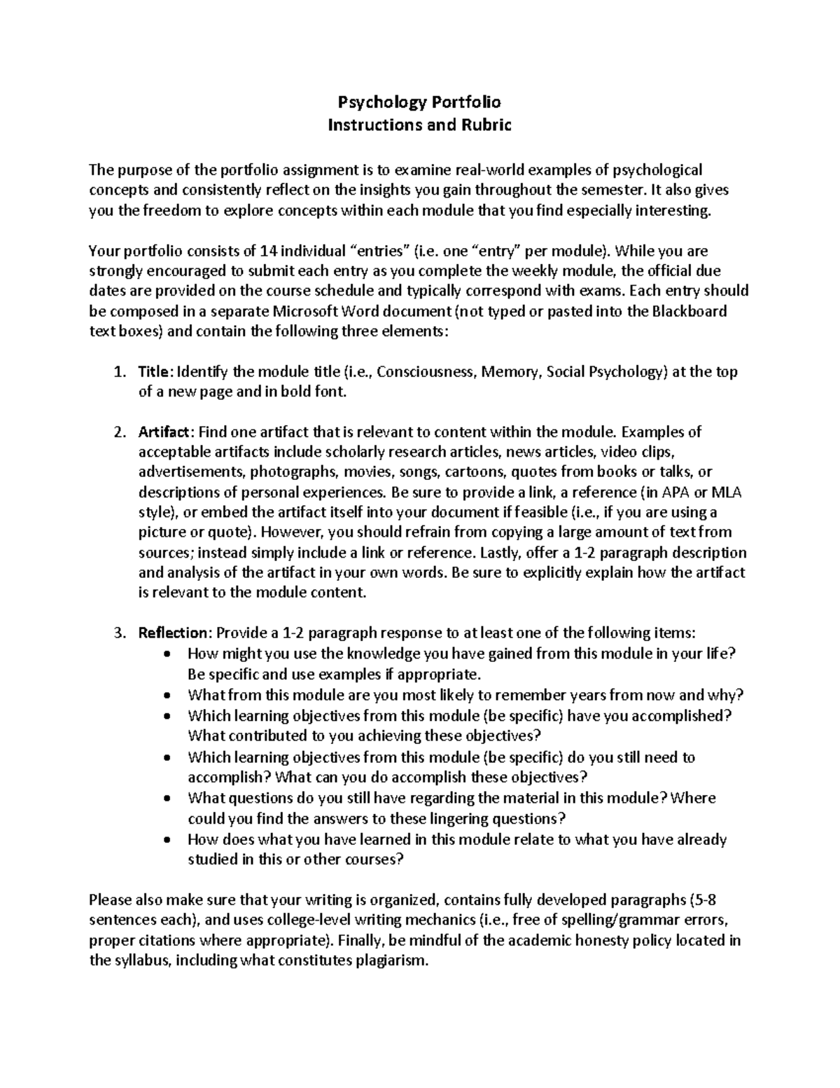 PSY1012 Portfolio Rubric - Psychology Portfolio Instructions and Rubric ...