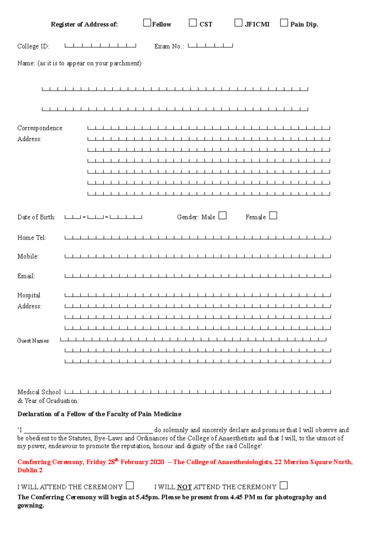 Conferring ceremony application Form - Register of Address of: Fellow ...