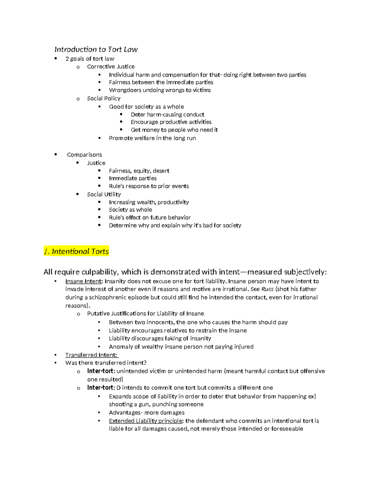 Dillof Torts Outline-Redo - Introduction to Tort Law 2 goals of tort ...