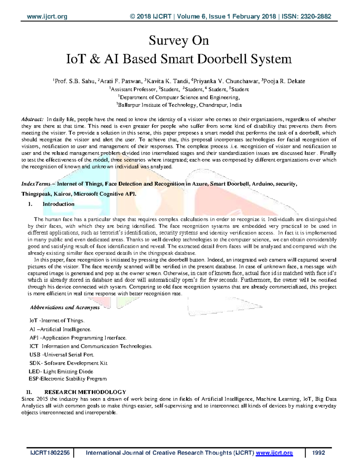 Ijcrt 1802256 - none - Survey On IoT & AI Based Smart Doorbell System 1 Prof. S. Sahu, 2 Arati ...