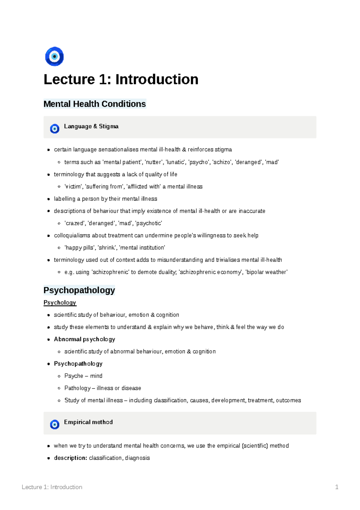 Mental Health Conditions - Lecture 1: Introduction 1 . Lecture 1 ...