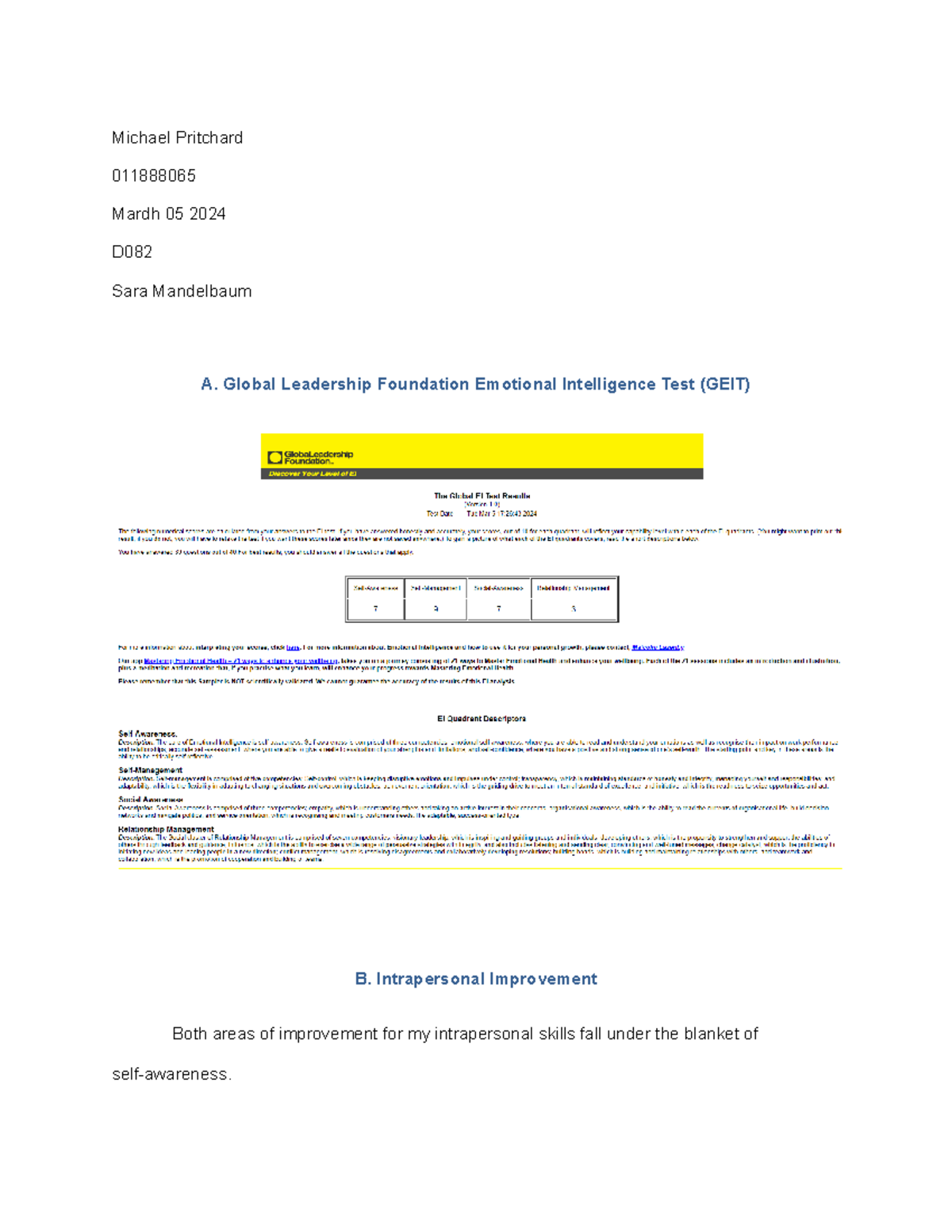 D082 Task 1 MJP - Task 1 - Michael Pritchard 011888065 Mardh 05 2024 D Sara Mandelbaum A. Global ...