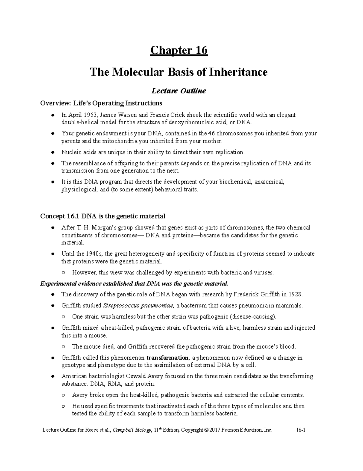 Campbell 12e Lecture Ch16 - Chapter 16 The Molecular Basis of Inheritance Lecture Outline ...