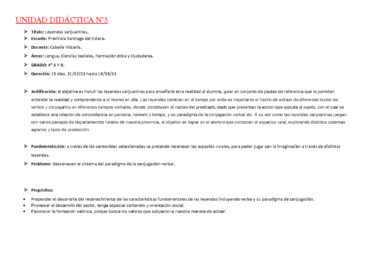 Unidad Didáctica N 5 nuevo - UNIDAD DID¡CTICA N∞ TÌtulo: Leyendas sanjuaninas. Escuela: - Studocu