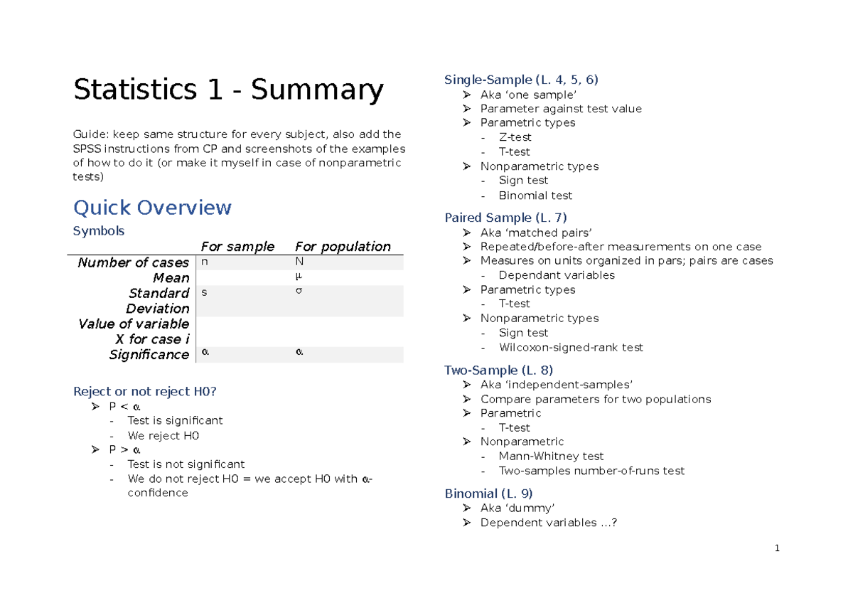 Summary statistics 1 - Statistics 1 - Summary Guide: keep same ...