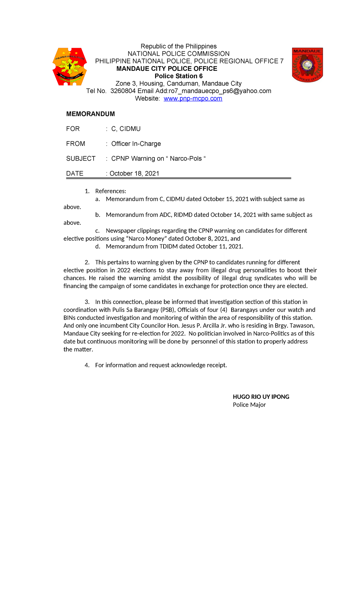 C, PNP Warning on Narco-Pols - Republic of the Philippines NATIONAL ...