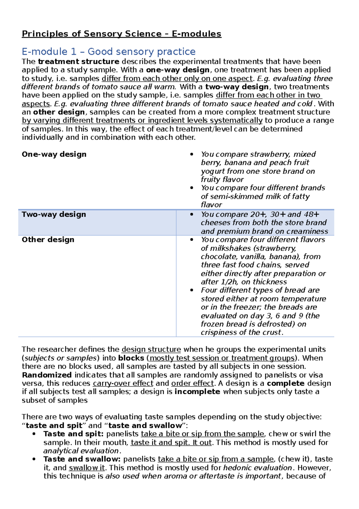 Summary e-modules - Principles of Sensory Science – E-modules E-module ...