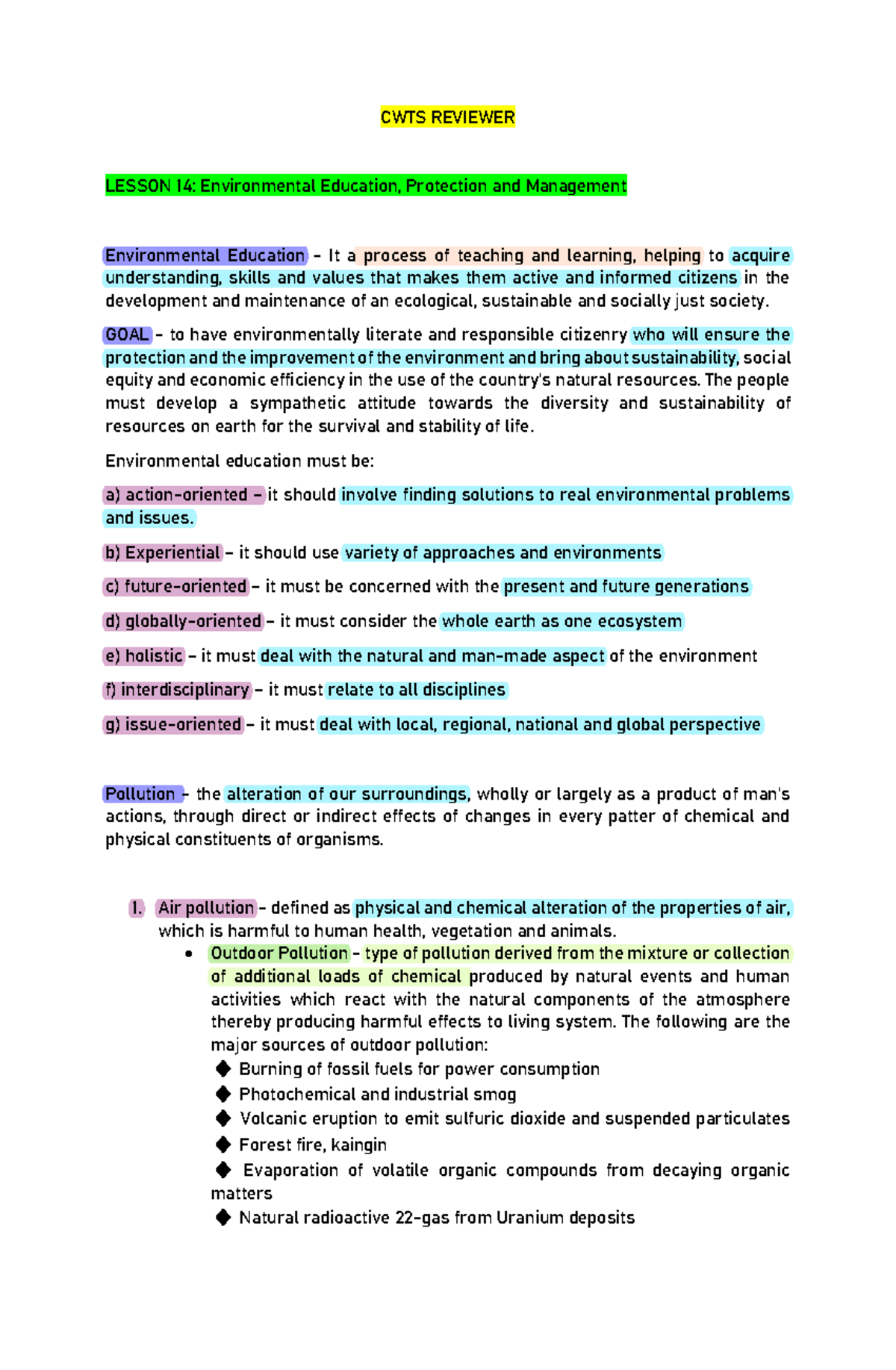 CWTS- Reviewer - CWTS REVIEWER LESSON 14: Environmental Education ...