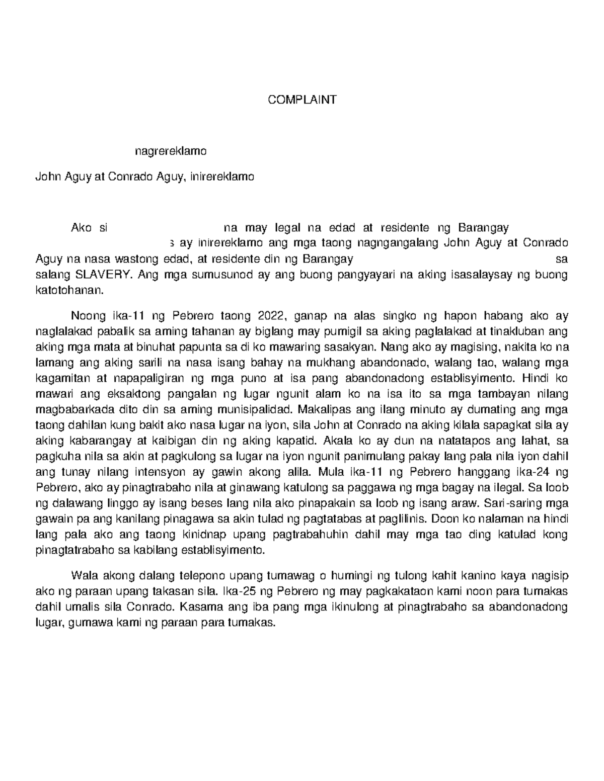 Complaint (Filipino) - Rodriguez, Sarrah Joy G. BS Criminology 3A ...