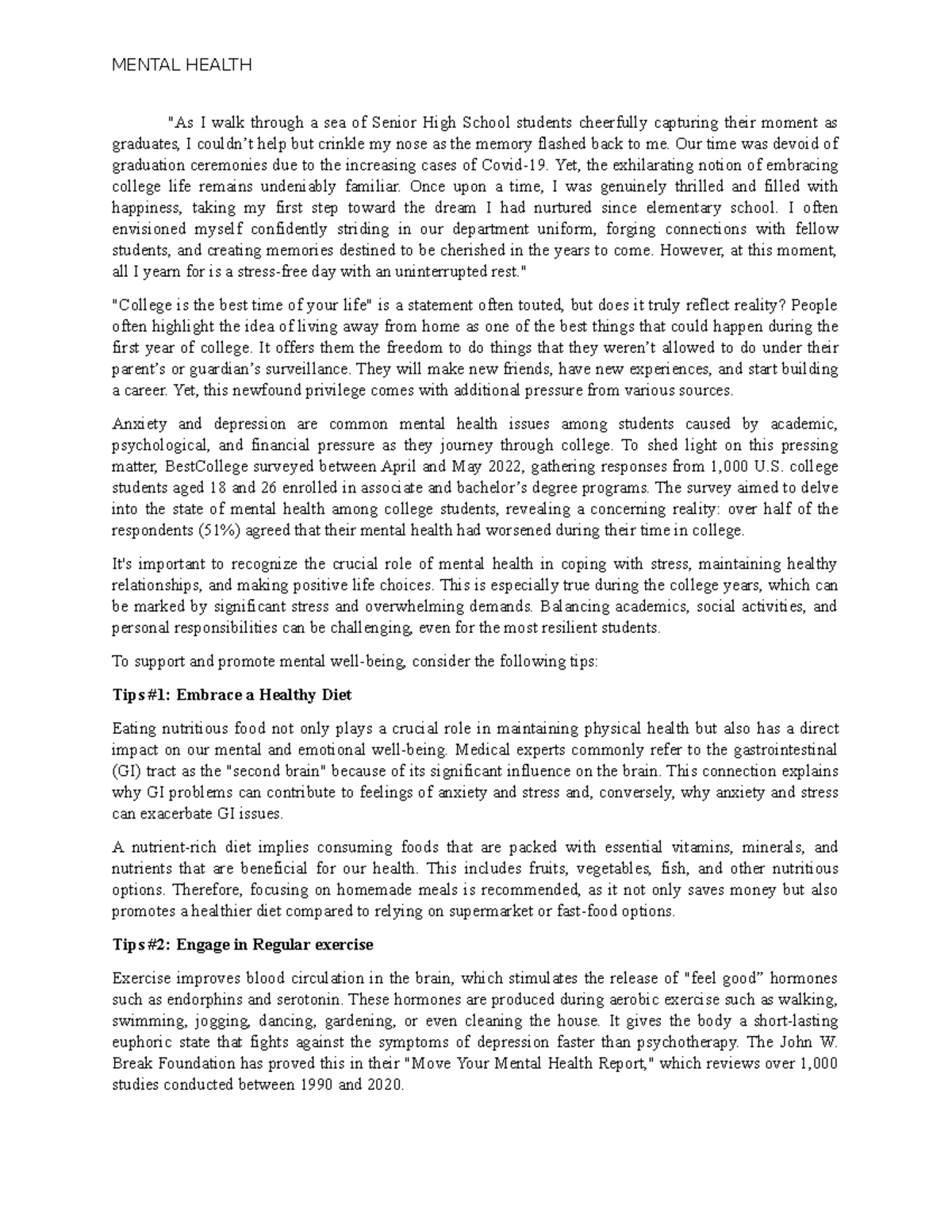 Mental Health Revised 2 - MENTAL HEALTH "As I walk through a sea of ...