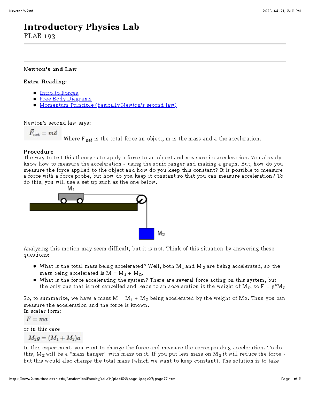 Newton's 2nd - Course material - 203-NYA-05 - Studocu