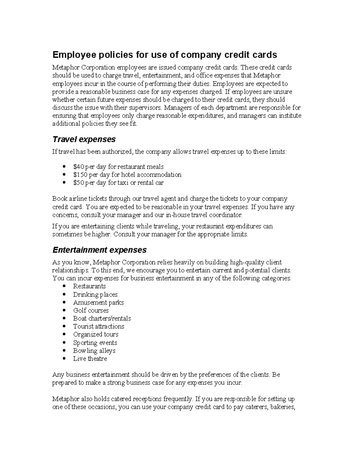 Policies - Employee policies for use of company credit cards Metaphor ...