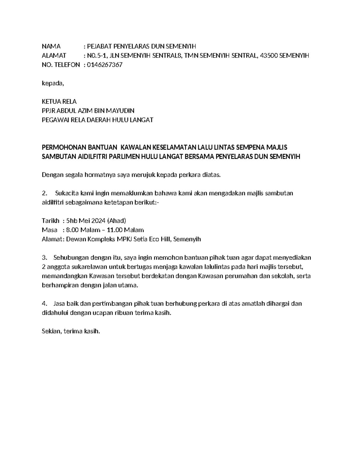 Surat ke Rela - NAMA : PEJABAT PENYELARAS DUN SEMENYIH ALAMAT : N0-1 ...