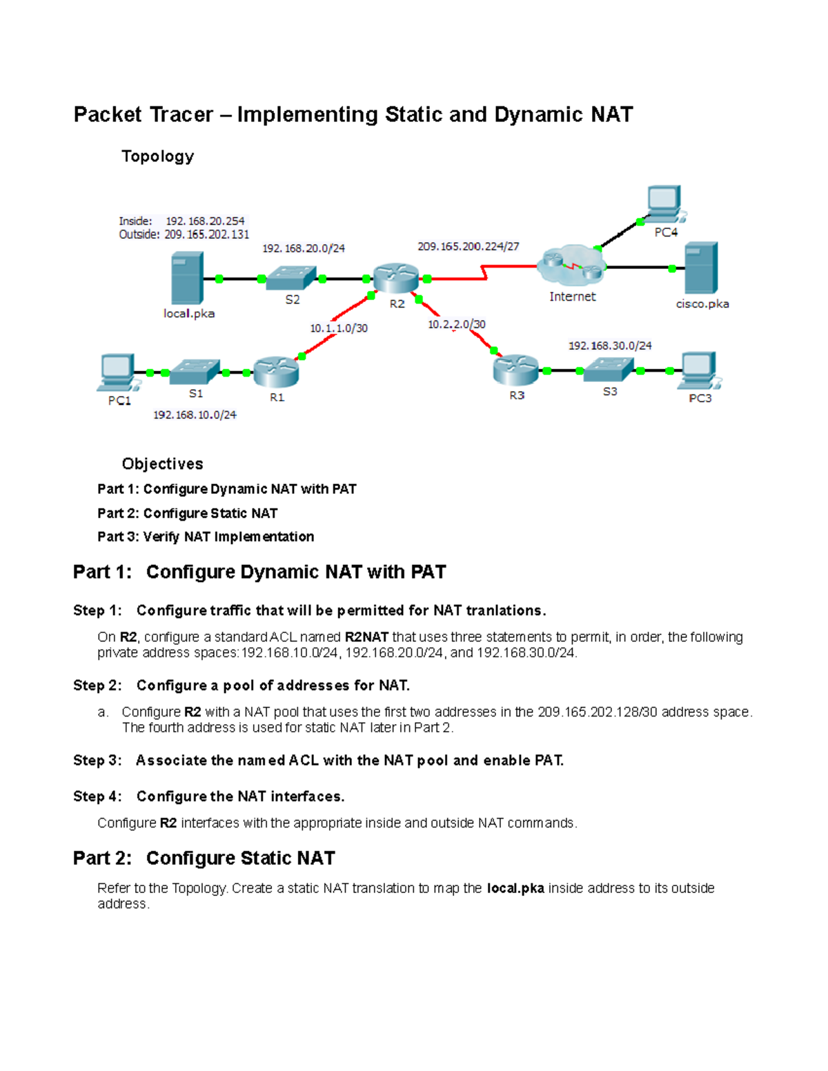 13 - Packet Tracer - Packet Tracer – Implementing Static and Dynamic NAT Topology Objectives ...
