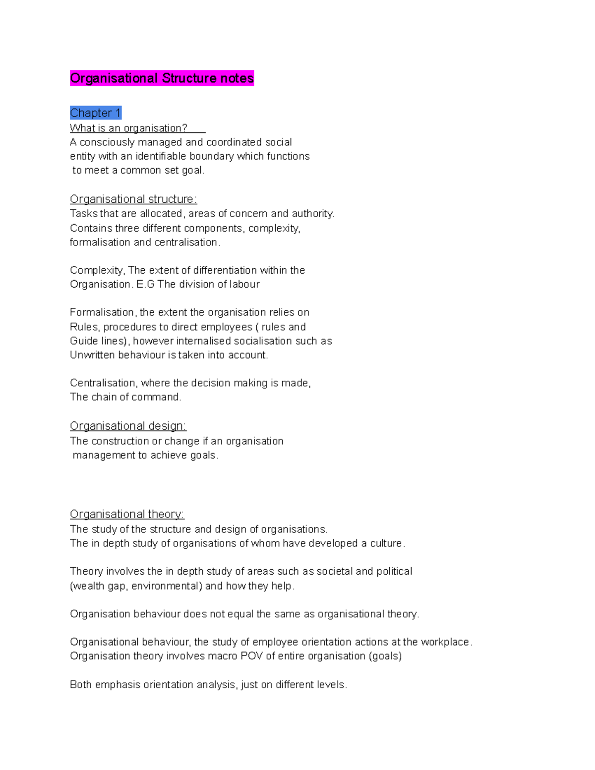 Organisational Structure notes Chapter 1 notes - Organisational ...