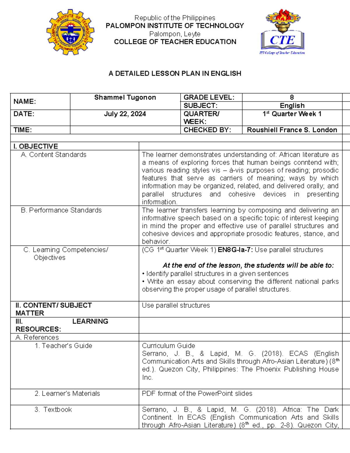 Lesson-PLAN-Tugonon - Lesson plan in summer - A DETAILED LESSON PLAN IN ...