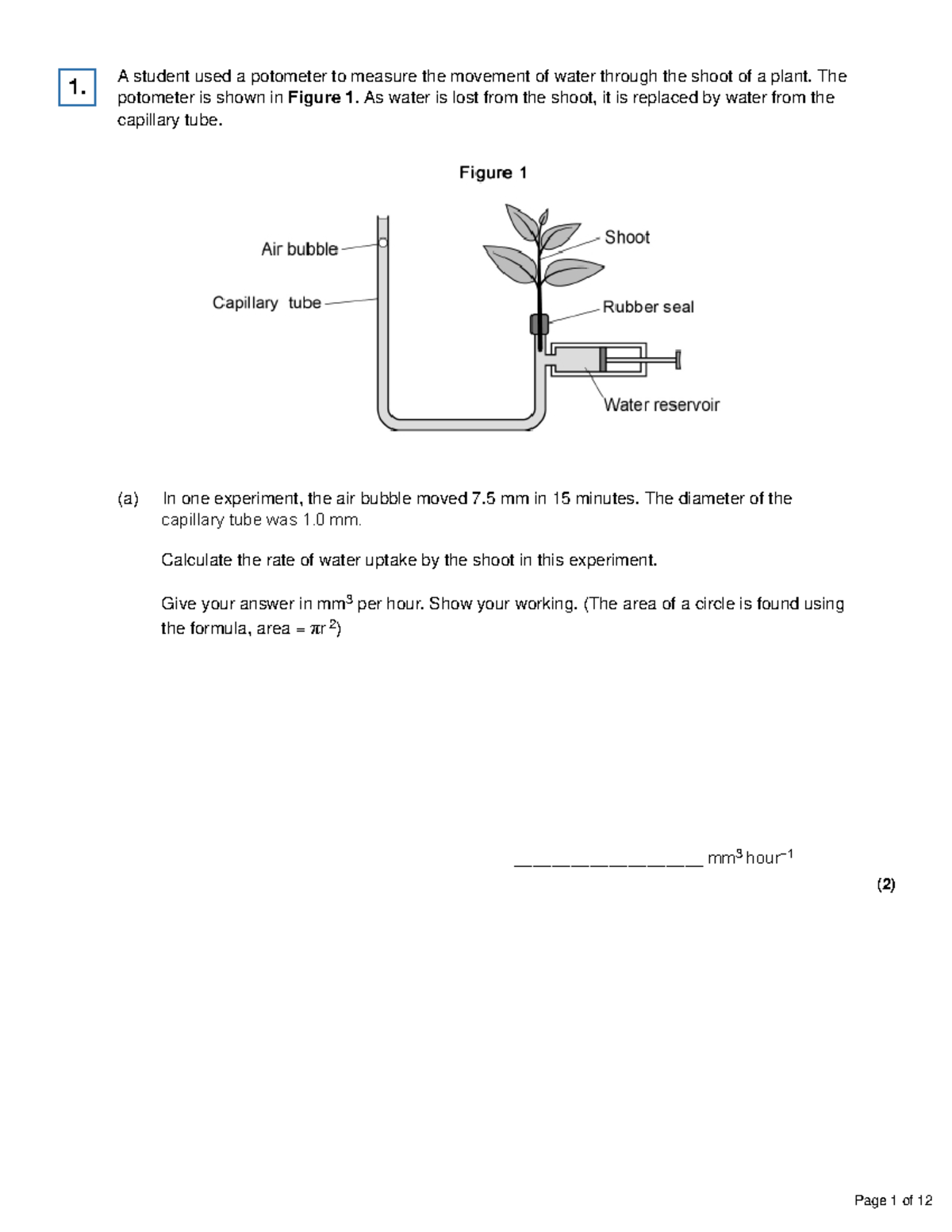 Potometer qs - plant transpiration - A student used a potometer to ...