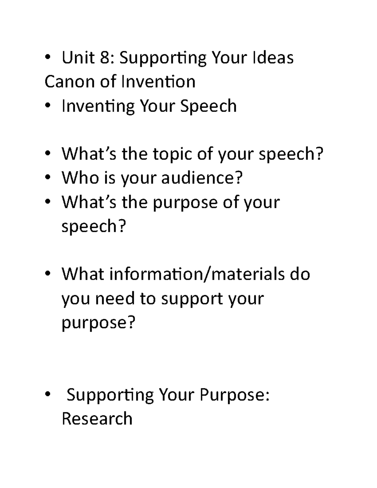 Unit topic - lecture notes - Unit 8: Supporting Your Ideas Canon of ...