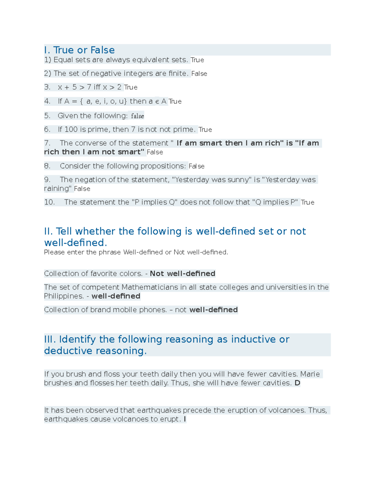 Answer Assignment 2 MMW - I. True or False 1) Equal sets are always ...