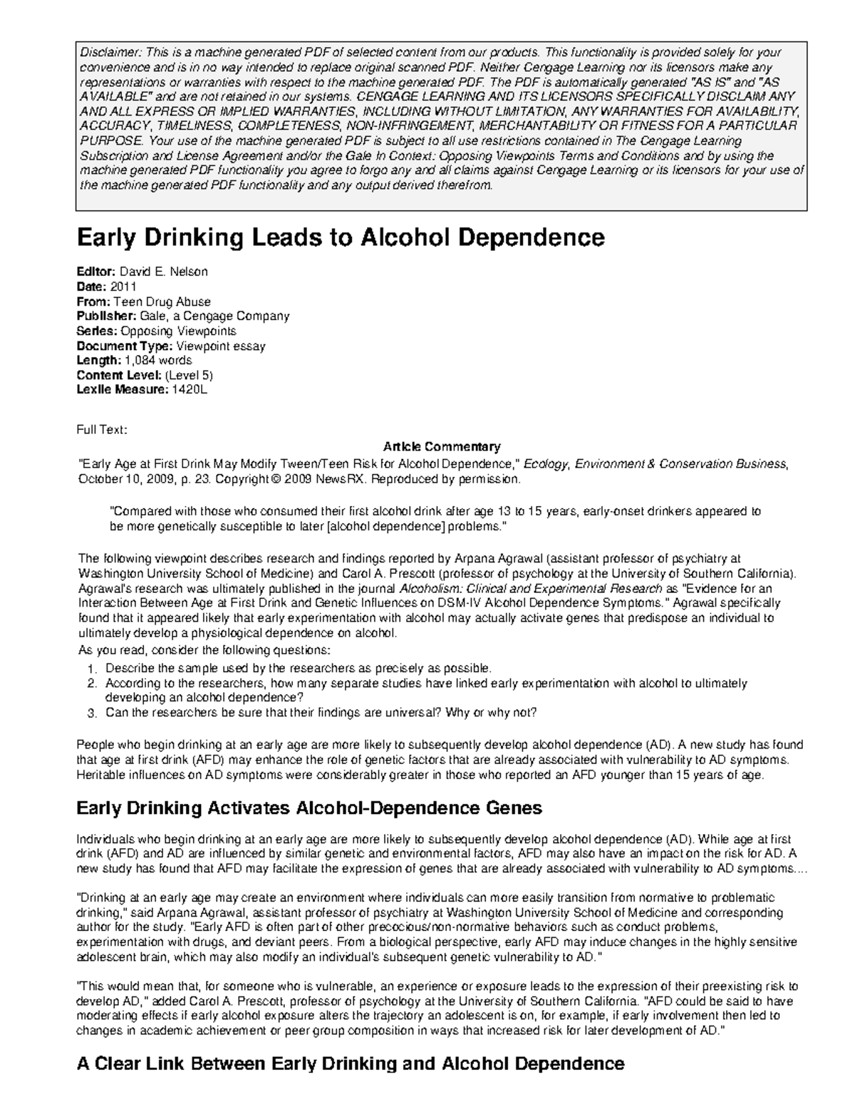 Early Drinking Leads to Alcoho - Disclaimer: This is a machine ...